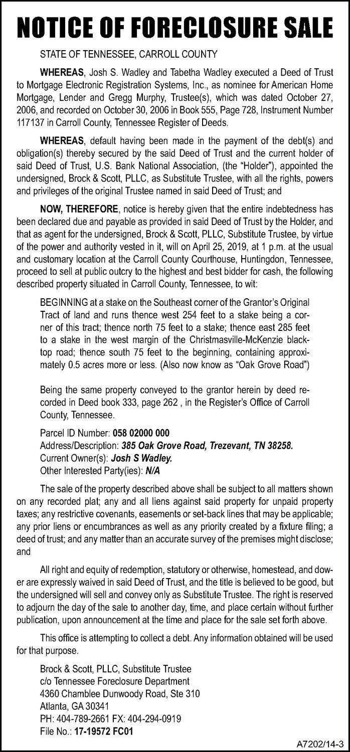 Notice of Foreclosure Sale - WADLEY | The Mckenzie Banner