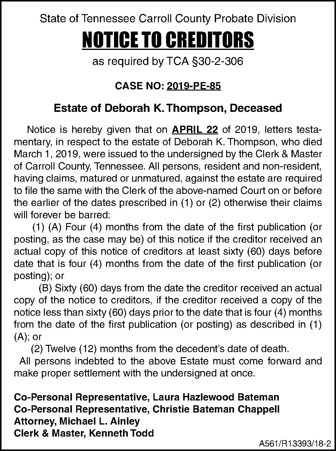 Notice to Creditors - THOMPSON | The Mckenzie Banner