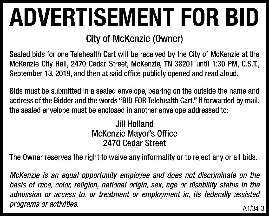 Advertisement for Bid - Telehealth Cart | The Mckenzie Banner