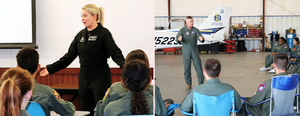 F-16 Viper Demo Team commander Aimee 'Rebel' Fiedler speaks at South ...