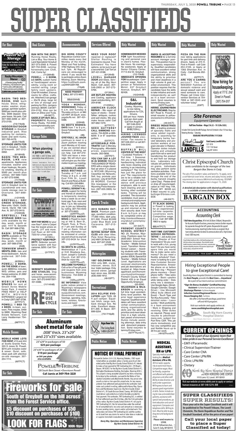 Classifieds 7.2.20 | Powell Tribune