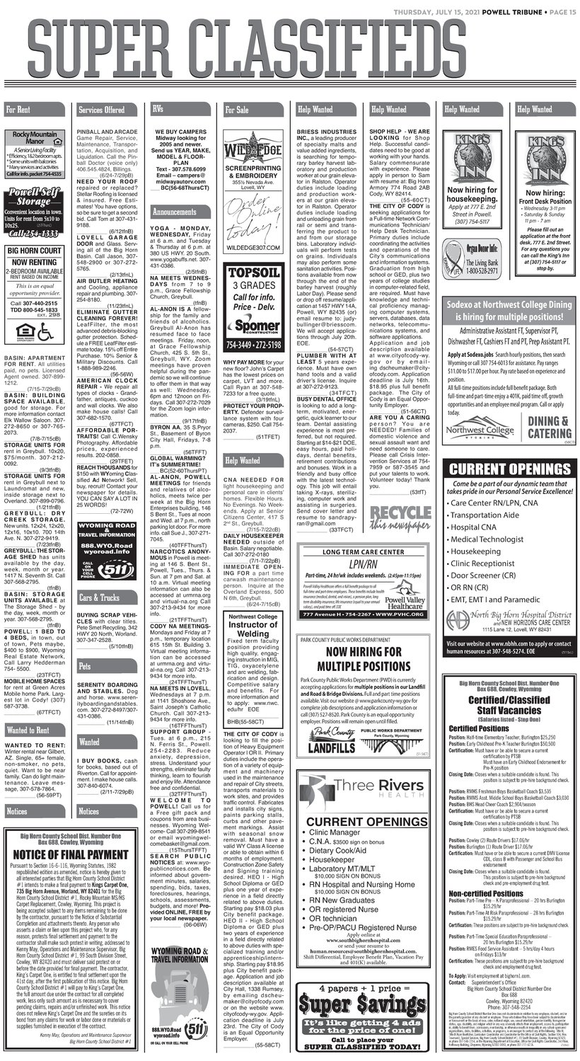 Classifieds – July 15, 2021 | Powell Tribune